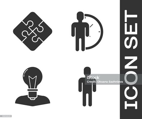 비즈니스 슈트 퍼즐 조각 램프 전구와 시간 관리 아이콘인간의 머리에 남자의 사용자를 설정합니다 벡터 개념에 대한 스톡 벡터 아트 및 기타 이미지 Istock