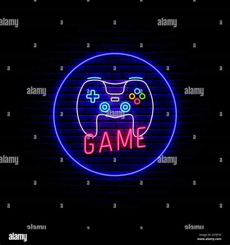 Neon Game Signboard Glowing Neon Gamepad Icon In Circle Frame On Brick Wall Background Game