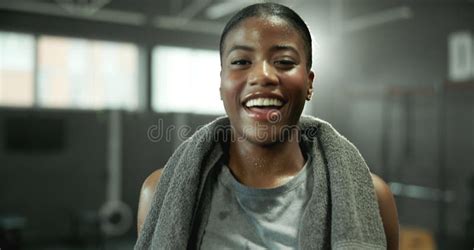 Face Smile And Towel With Woman In Gym For Start Of Exercise Training