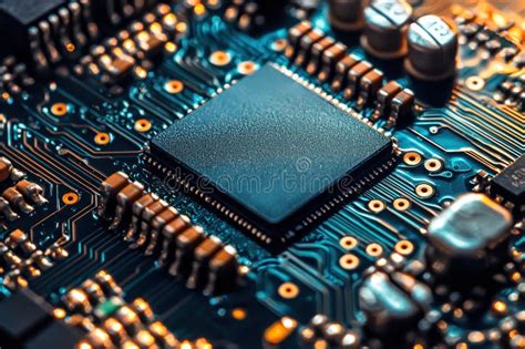 Close Up Of Microchip On Circuit Board With Intricate Details Glowing Connections And