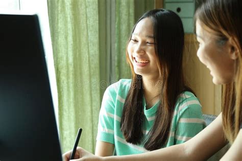 Learning With Sister Stock Image Image Of Computer 376787595