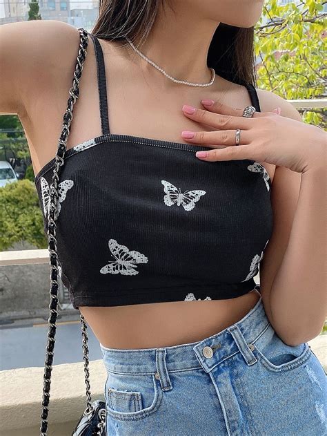 Dazy Butterfly Print Crop Cami Top Cami Tops Tops Cami Crop Top