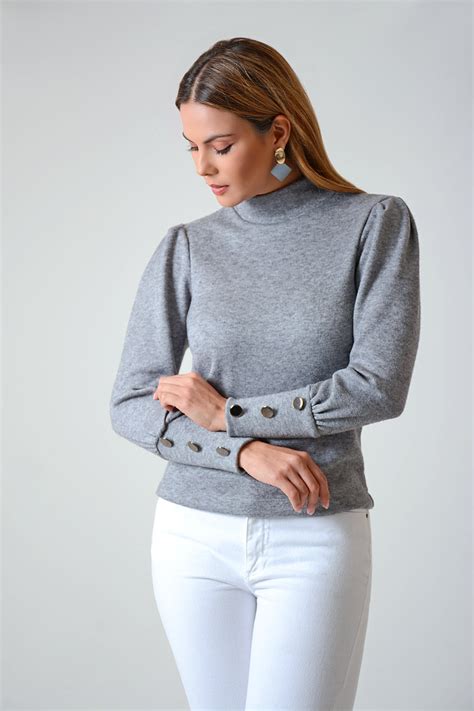 Jersey Mujer En Lanilla Cuello Alto Con Prenses En Manga Xuss