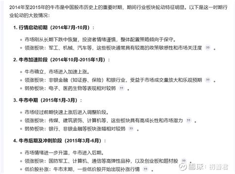 牛市四部曲之牛市买什么 大家好，我是初善君。前面我们复盘了这轮行情上涨的原因和未来究竟能涨到多少，今天我们来看看a股牛市时行业是如何轮动的