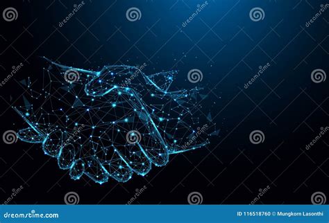 Business Handshake Lines And Triangles Point Connecting Network On Blue Background Stock