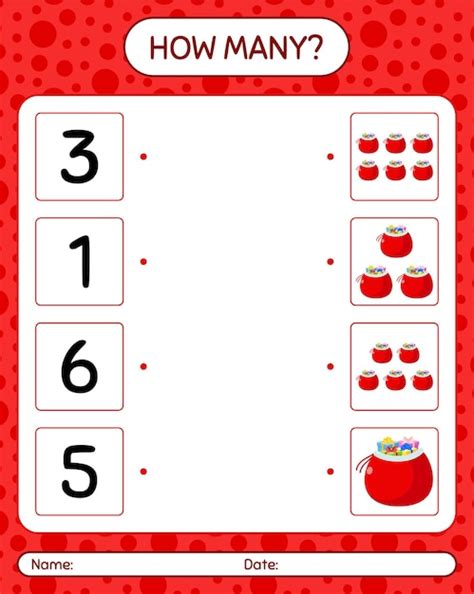 산타의 가방으로 얼마나 많은 계산 게임 미취학 아동을 위한 워크시트 어린이 활동 시트 프리미엄 벡터