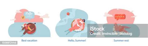 Isolated Elements With With Relaxed Male And Female Characters Enjoying Summer Time Vacation