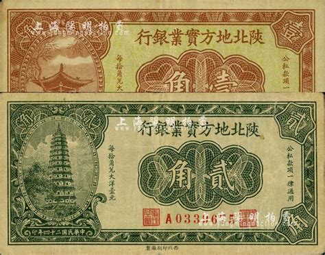民国二十四年（1935年）陕北地方实业银行壹角、贰角共2枚不同，军阀井岳秀氏发行；台湾藏家出品，七五至八成新 钞史钩沉·中国纸币 拍卖结果