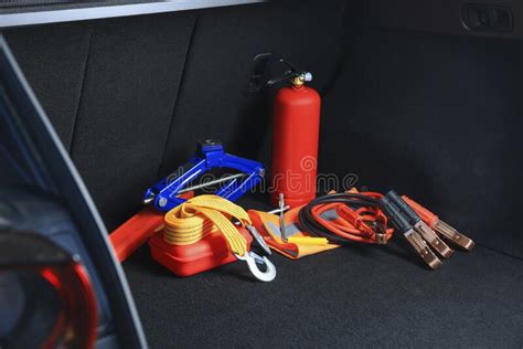 Set Of Car Safety Equipment In Trunk Stock Image Image Of Extinguisher Gear 263636985