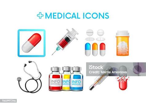 一套醫學圖示插圖止痛藥膠囊抗生素溫度計注射器聽診器安眠藥向量插圖適合您的設計或遊戲應用向量圖形及更多一個物體圖片 Istock