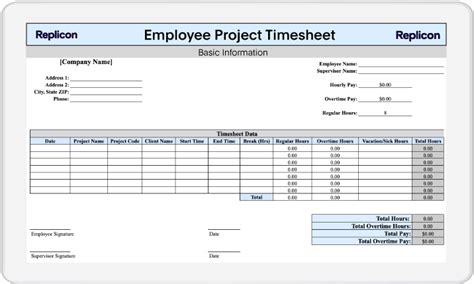 Project Timesheet Template Free Download Replicon