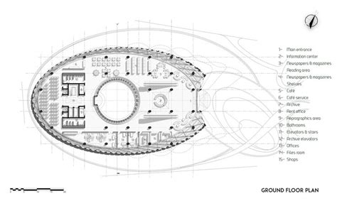 An Architectural Drawing Of A Circular Building With Several Sections Labeled In The Diagram