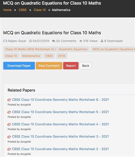 MCQ On Quadratic Equations For Class 10 Maths