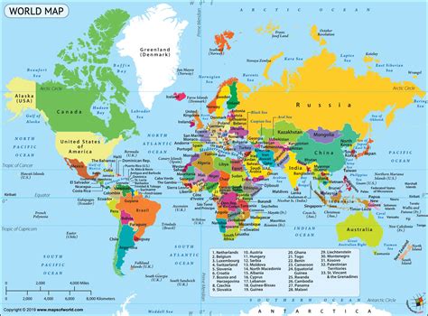 A World Map With All The Countries And Major Cities On Its Borders Labeled In Bright Colors