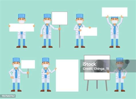 다른 빈 배너와 함께 포즈를 취하는 의사 캐릭터의 집합입니다 종이 포스터 플래카드 화이트 보드를 가리키는 쾌활한 의사 가르치기 광고 홍보 건강관리와 의술에 대한 스톡 벡터