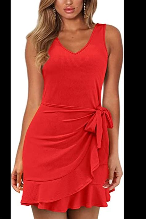 Xieerduo Front Tie Waist With Ruffle Hem Tank Wrap Dress For Women