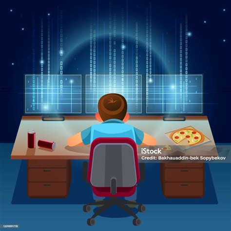 Hacker Mengerjakan Kode Tentang Latar Belakang Digital Gelap Dengan Antarmuka Digital Di Sekitar