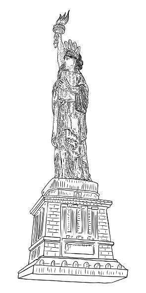 자유의 미국 동상 그림입니다 미국 뉴욕시 유명한 관광 랜드 마크입니다 포스터 또는 전단지 조각 일러스트 요소입니다 프리젠 테이션을위한 미국 기호의 손으로 그린 로고 벡터 0