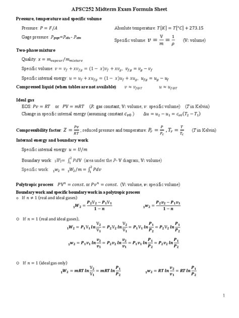 Apsc 252 Midterm Formula Sheet Pdf Gases Temperature