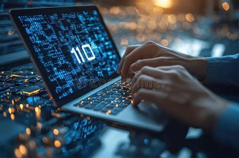 Hands Typing On Laptop Binary Code Glowing Screen Digital Technology Programming Stock