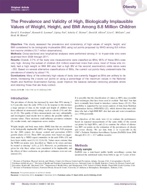 Pdf The Prevalence And Validity Of High Biologically Implausible Values Of Weight Height