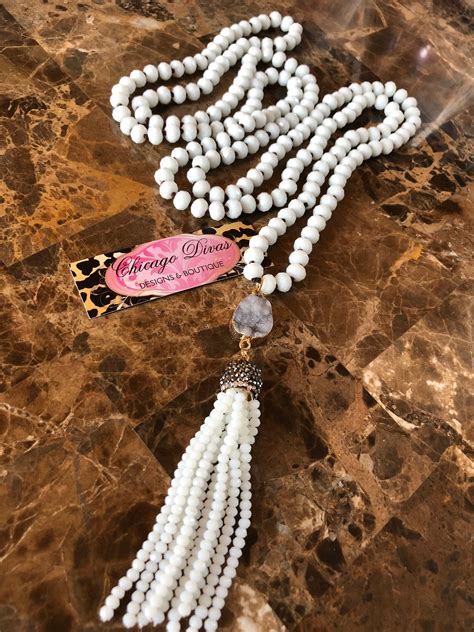 Long Knotted White Beaded Tassel Unique Piece Glass Beads Statement