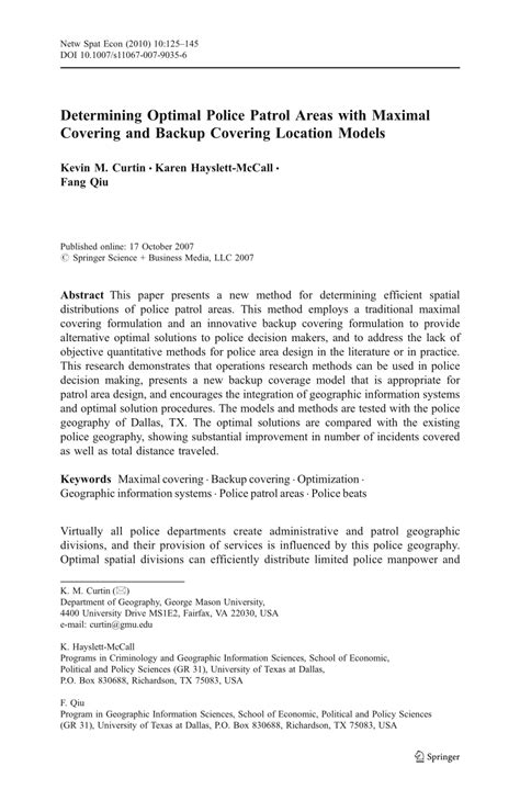 pdf determining optimal police patrol areas with maximal covering and