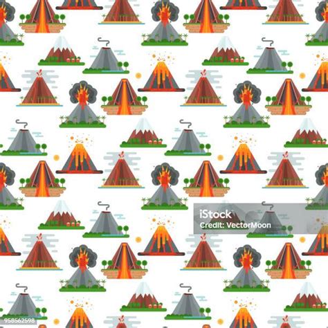 화산 마그마 벡터 자연 연기 분화구 화산 산 뜨거운 자연 분화 지진 원활한 패턴 배경 일러스트와 함께 폭파 화산에 대한 스톡 벡터 아트 및 기타 이미지 Istock