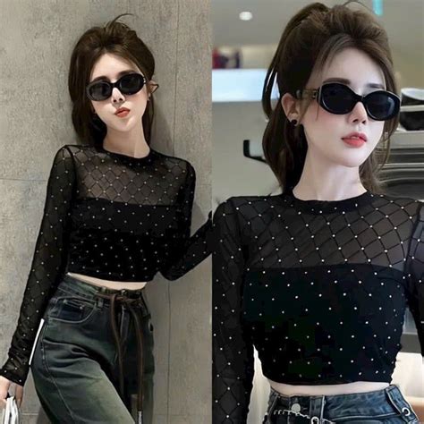 Lightning Mesh Shirt With Emulsion Tube Mesh Finger Piercing Long