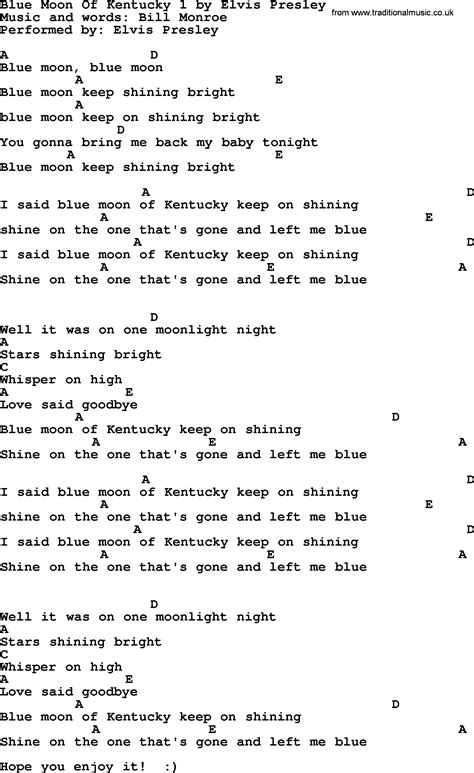 Blue Moon Of Kentucky 1 By Elvis Presley Lyrics And Chords