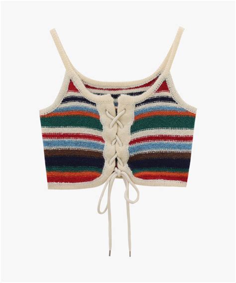 특가세일 Jns121 레인보우 레이스업 스트랩 니트 크롭 나시 에이블리