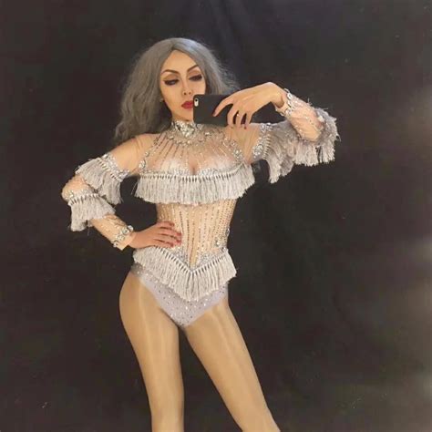 Luxury Sparkly Crystals Tassel Bodysuit Costume Celebrate Rhinestones