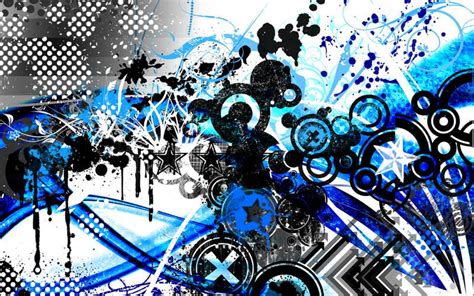 Abstract Blue And Black Wallpaper With Circles Stars And Swirls