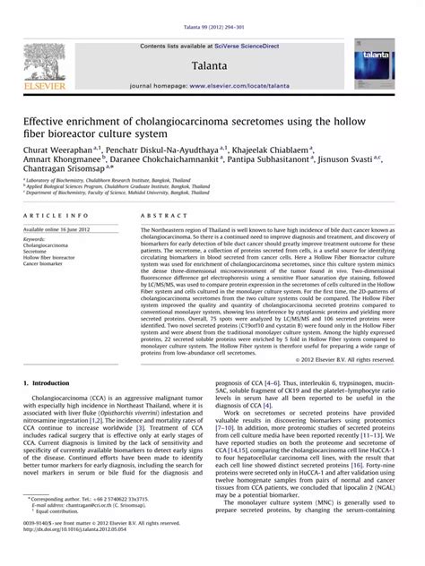 Pdf Effective Enrichment Of Cholangiocarcinoma Secretomes Using The Hollow Fiber Bioreactor