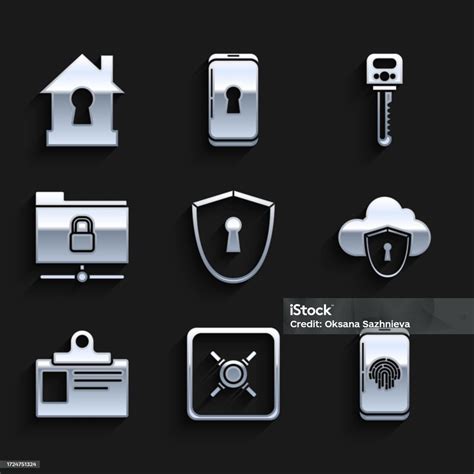Set Shield With Keyhole Safe Smartphone Fingerprint Scanner Cloud And Shield Identification