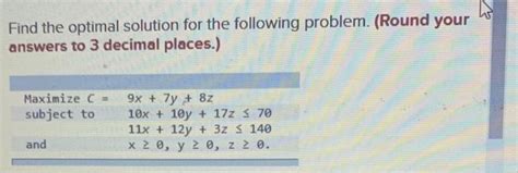 Solved A Optimal Value Of Xb Optimal Value Of Yc Optimal