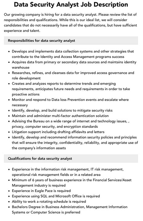 Data Security Analyst Job Description Velvet Jobs