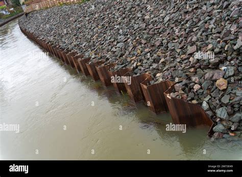 Sheet Metal Piling Position Located In Ground Supporting River