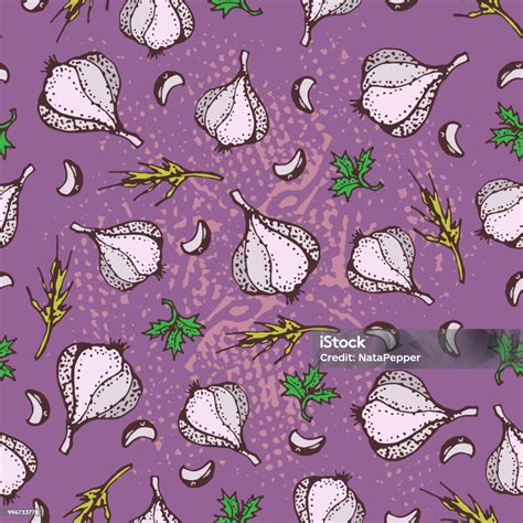 香料在紫色背景上無縫圖案pparsley 大蒜 丁香 胡椒粉卡通風格插圖背景為紡織 布料 餐館 商店向量圖形及更多一片圖片 Istock