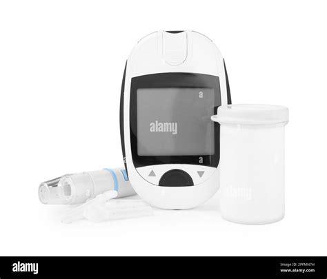 Digital Glucometer Container Lancets And Pen On White Background