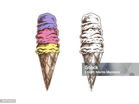 손으로 그린 컬러 및 흑백 스케치 세트 와플 콘 냉동 요구르트 또는 다층 아이스크림이 담긴 컵 빈티지 일러스트입니다 라벨 포장 및 엽서의 요소 개체 그룹에 대한 스톡 벡터