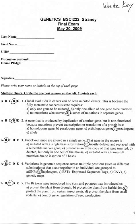 Final Exam With Answer Key Principle Of Genetics Bsci 222 Docsity