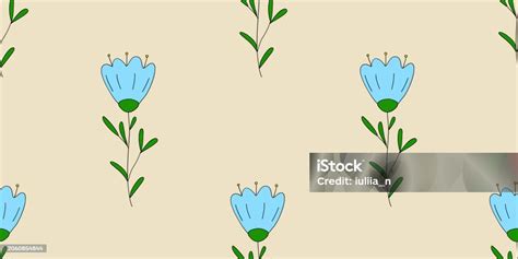 ベージュの背景に緑の葉と青い花牧草地の花とシームレスなパターンベクトル いたずら書きのベクターアート素材や画像を多数ご用意