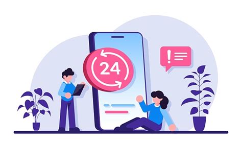 24 7 서비스 개념 또는 콜 센터 큰 스마트 폰과 노트북을 가진 작은 사람들 고객 지원을 중지하지 않습니다 현대 플랫 일러스트