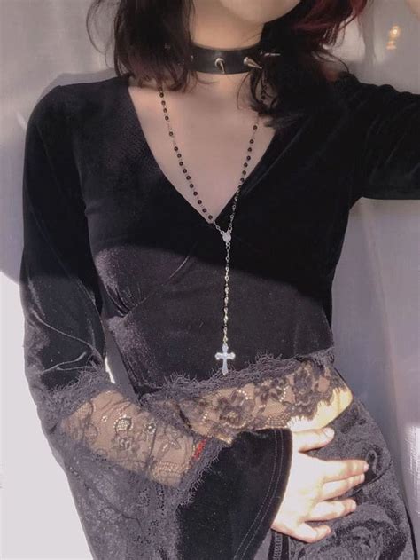 Velour And Lace Bell Sleeve Crop Top