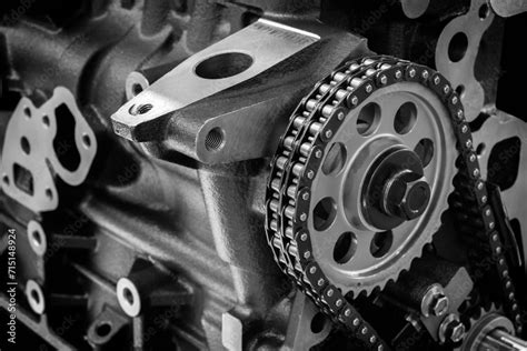 New Car Timing Chain On A Disassembled Engine In A Car Workshop Timing