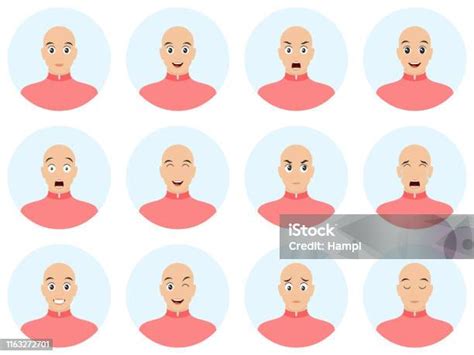 다른 표정을 가진 대머리 남자 감정과 표현 아바타 세트 만화 벡터 일러스트레이션입니다 남자에 대한 스톡 벡터 아트 및 기타 이미지 남자 사람 얼굴 관능 Istock