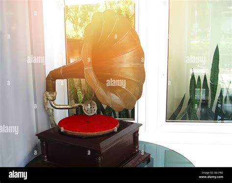 Music Device Old Gramophone With Plate Or Vinyl Disk On Wooden Box