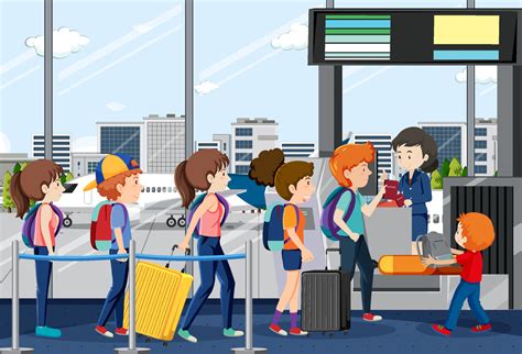 Passengers In Queue Waiting At Check In Counter Vector Art At Vecteezy