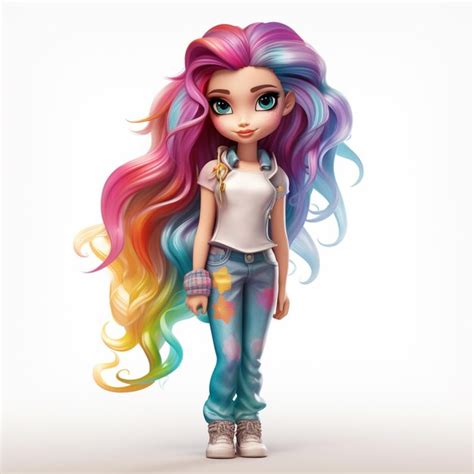 Cartoon Girl With Long Hair And Colorful Hair Standing In Jeans